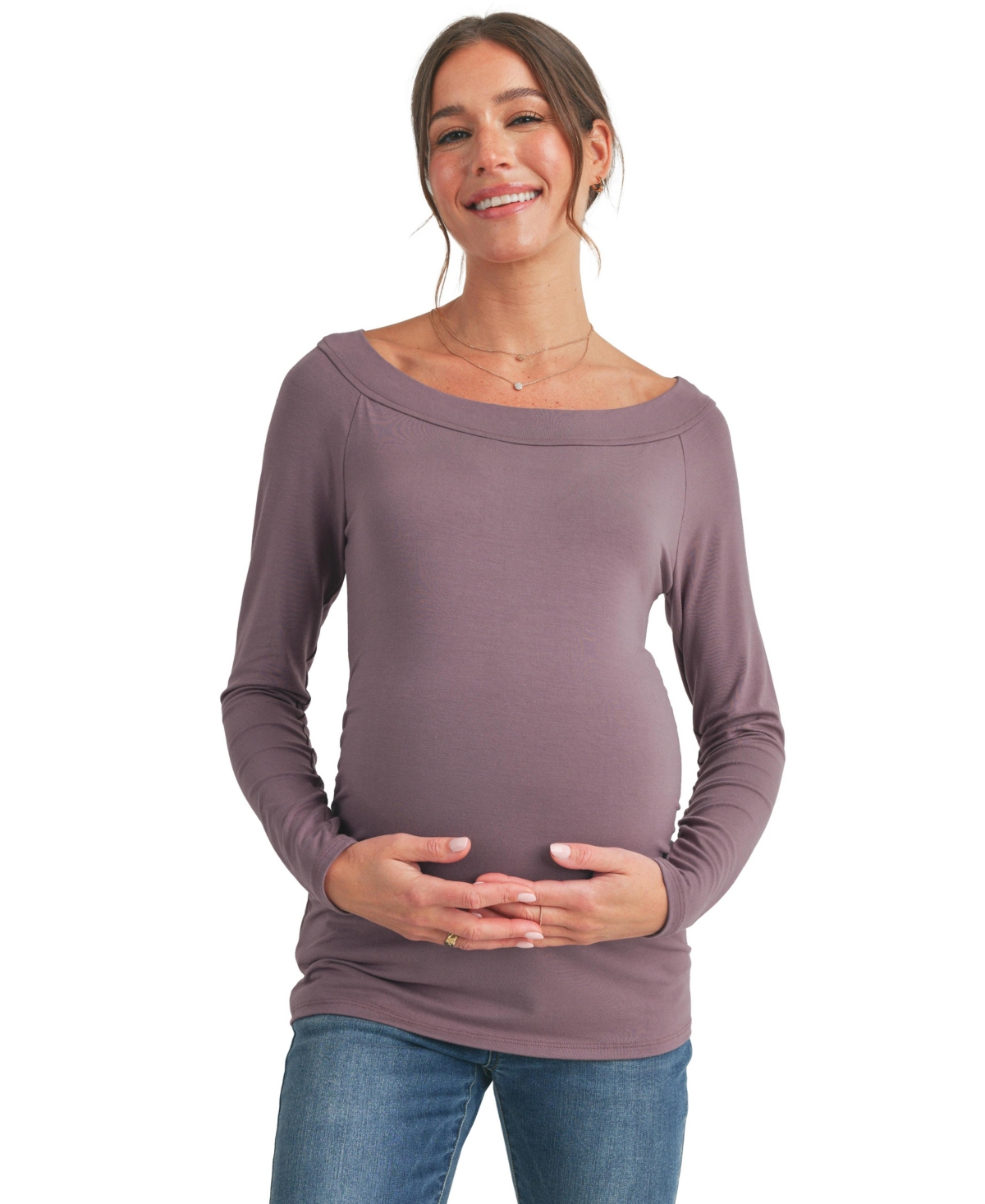 Click here for Hello Miz Maternity Ruched Long Sleeve Boat Neck T... prices