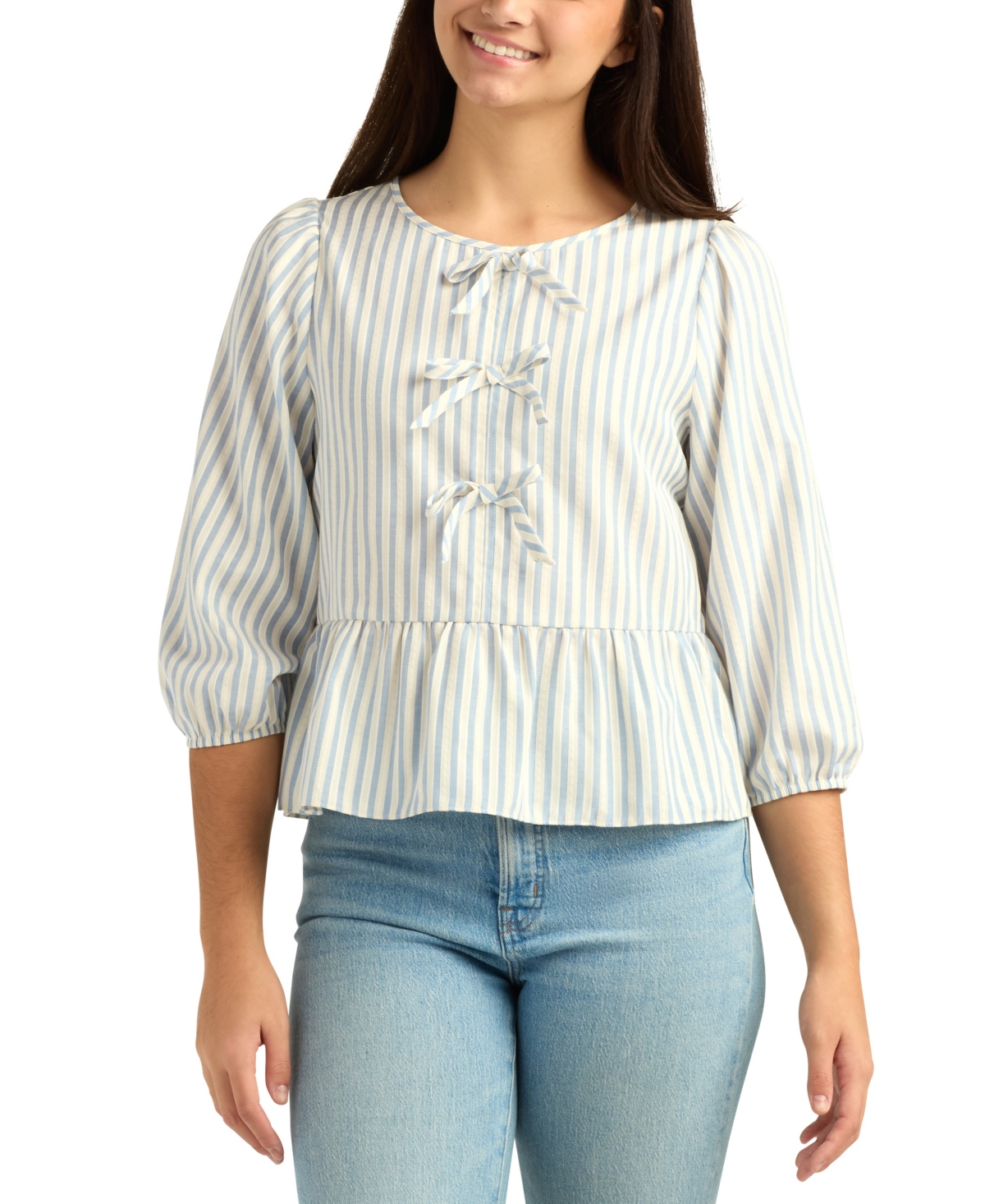 Click here for Bcx Juniors Striped Puff-Sleeve Crewneck Peplum To... prices