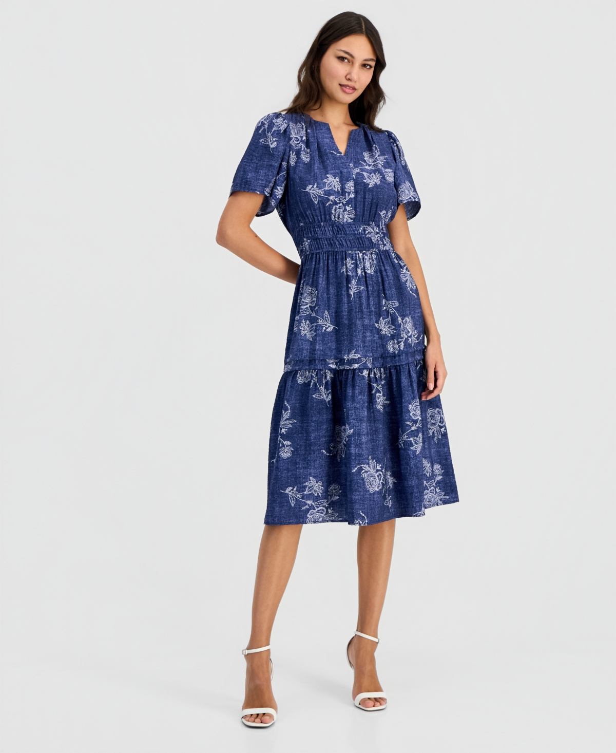 Click here for Robbie Bee Womens Printed Flutter-Sleeve Midi Dres... prices