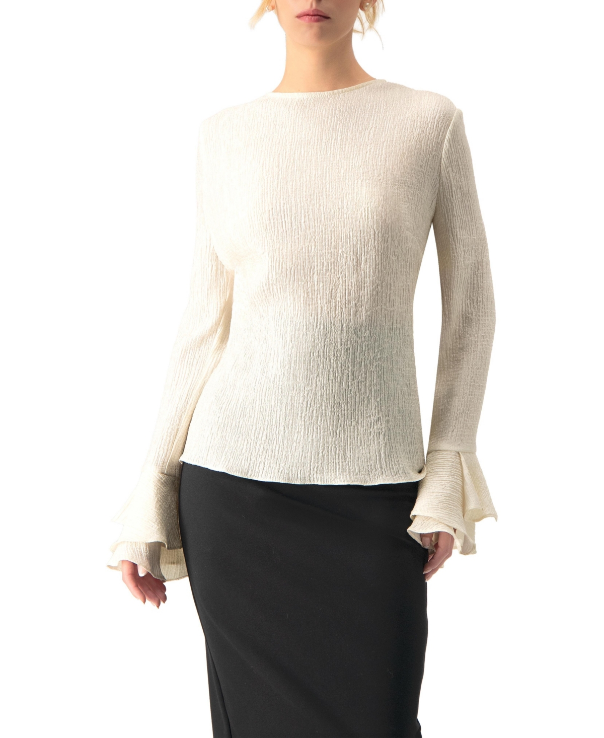 Click here for Ivonne Womens Long Sleeve Ruffled Cuff Textured Bl... prices