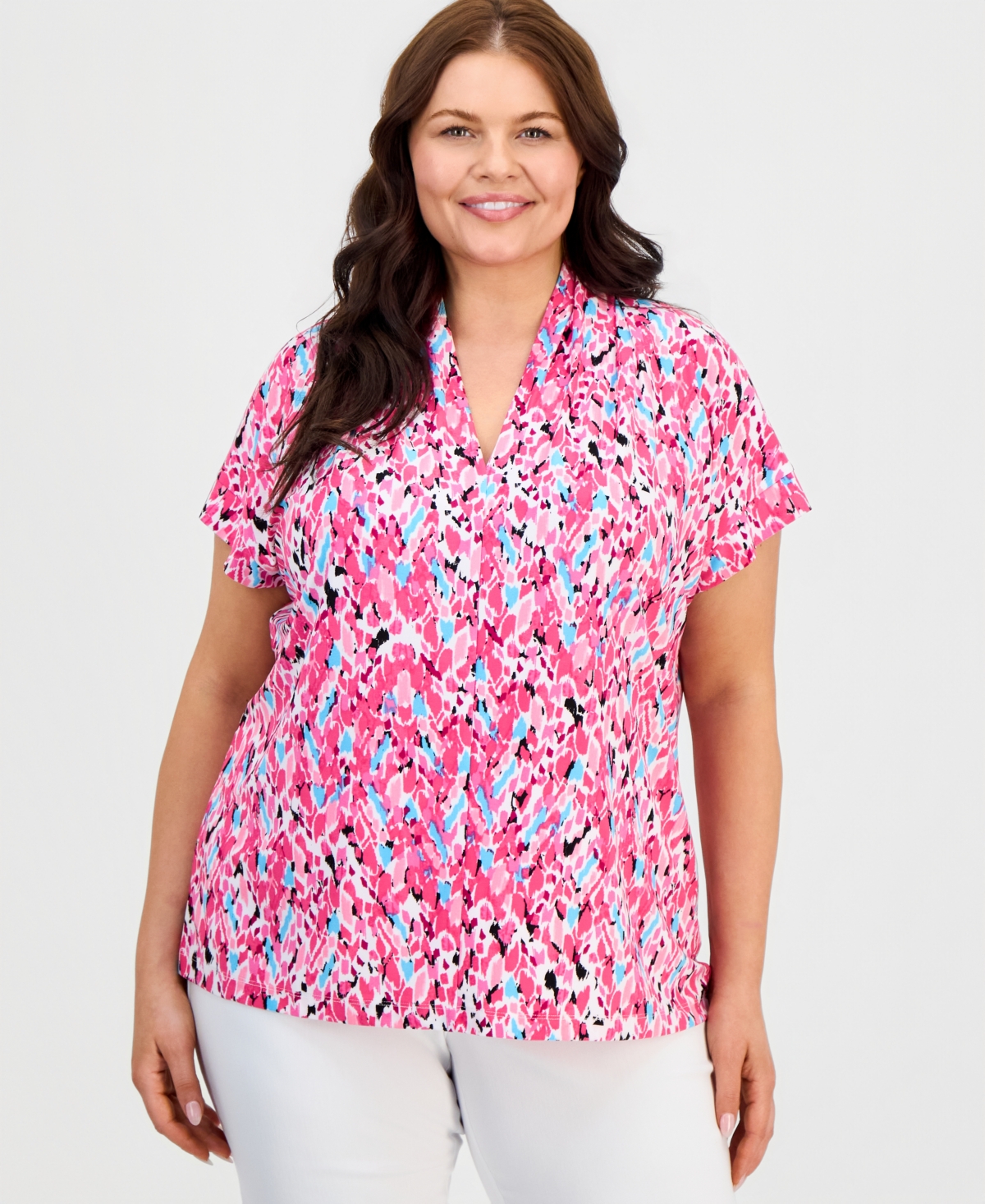 Click here for Kasper Plus Size Printed Pleated Funnel-Neck Top -... prices