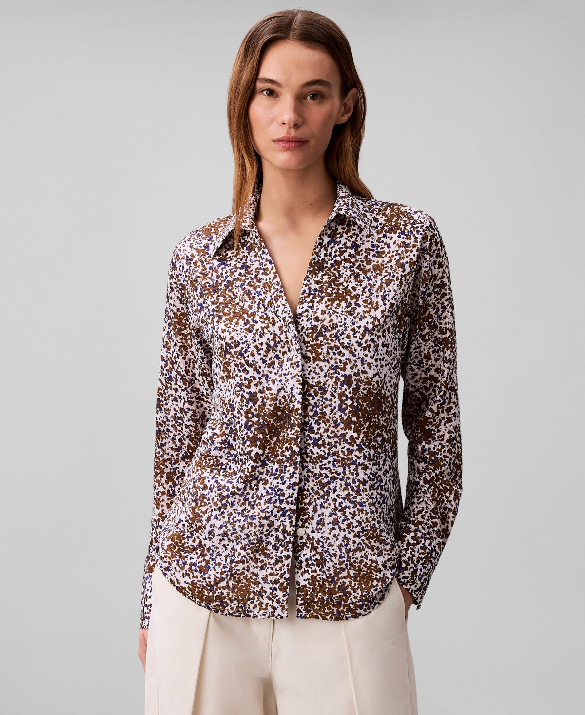 Click here for Calvin Klein Womens Textured Print Slim Button-Dow... prices