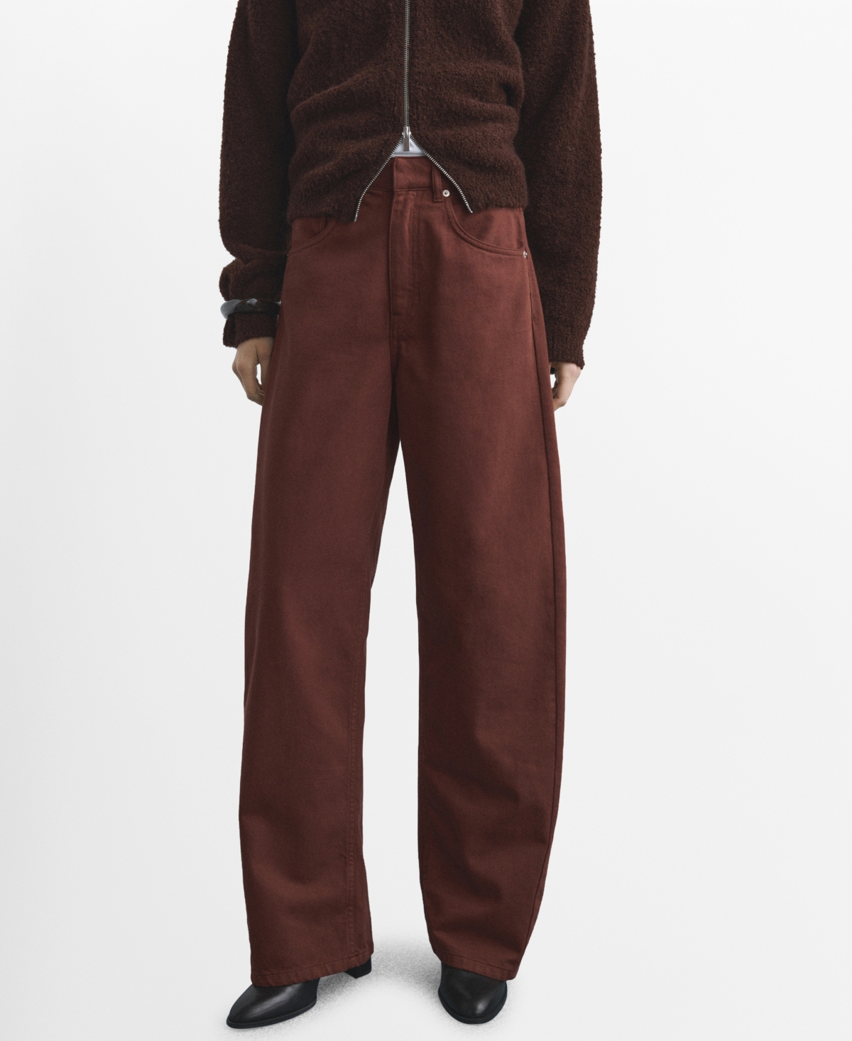 Click here for Mango Womens Mid-Rise Balloon Jeans - Burnt Orange prices