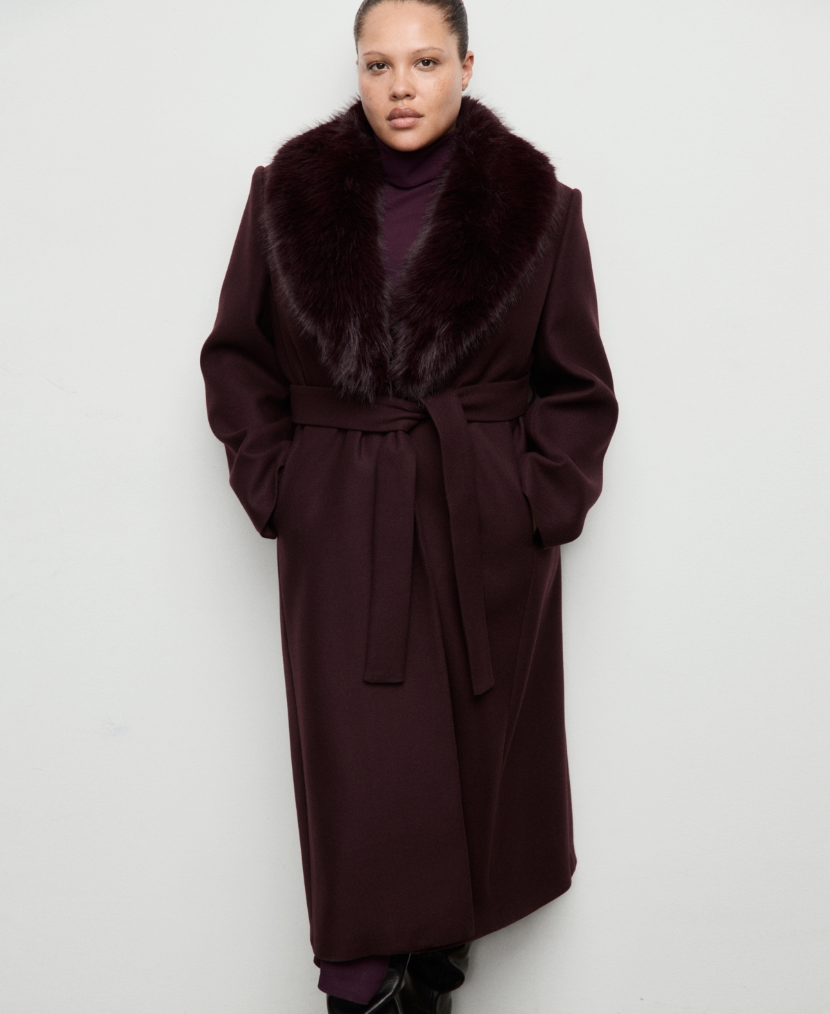 Click here for Mango Womens Fur Collar Manteco Wool Coat - Maroon prices