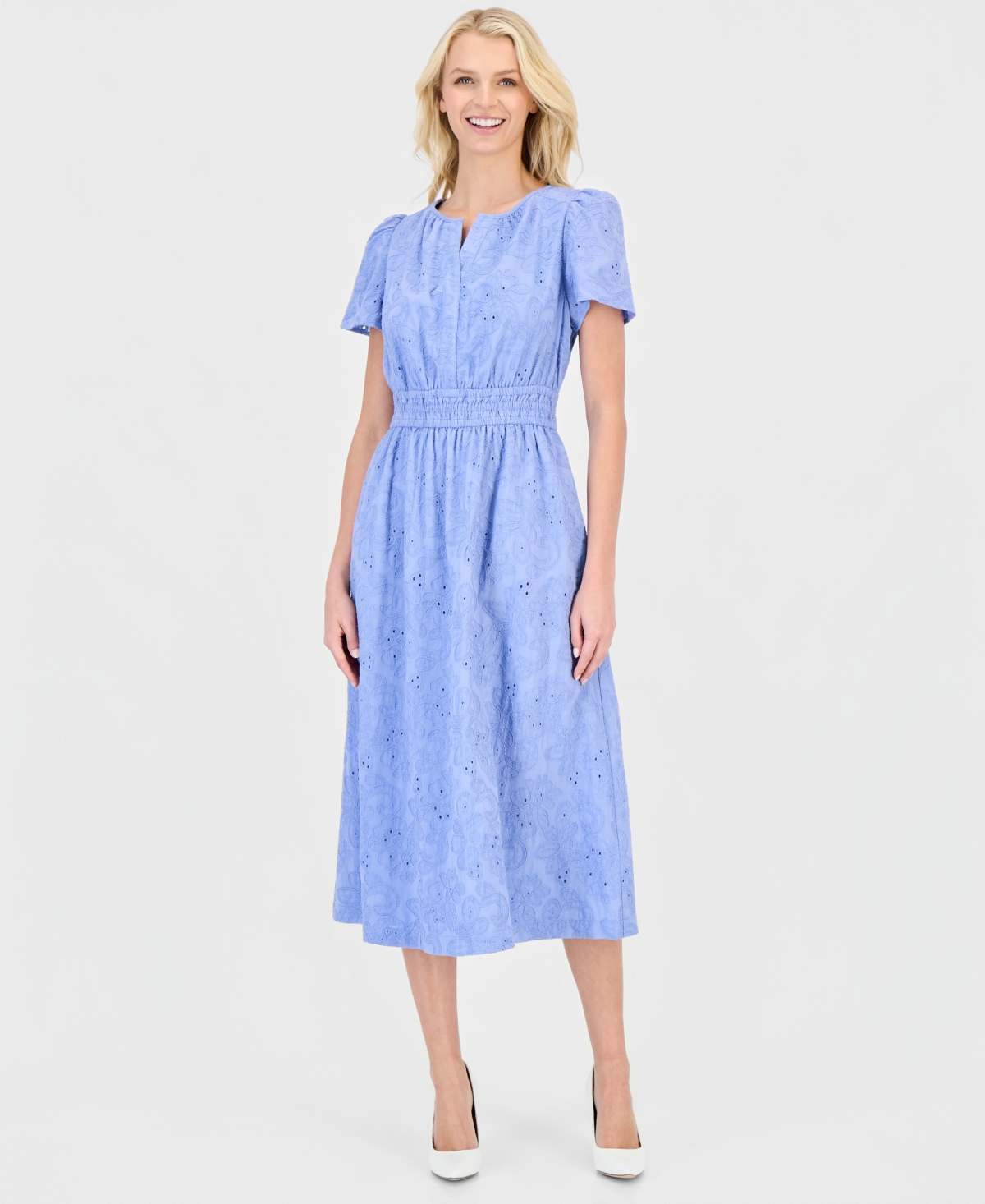 Click here for Anne Klein Womens Eyelet Short-Sleeve Midi Dress -... prices