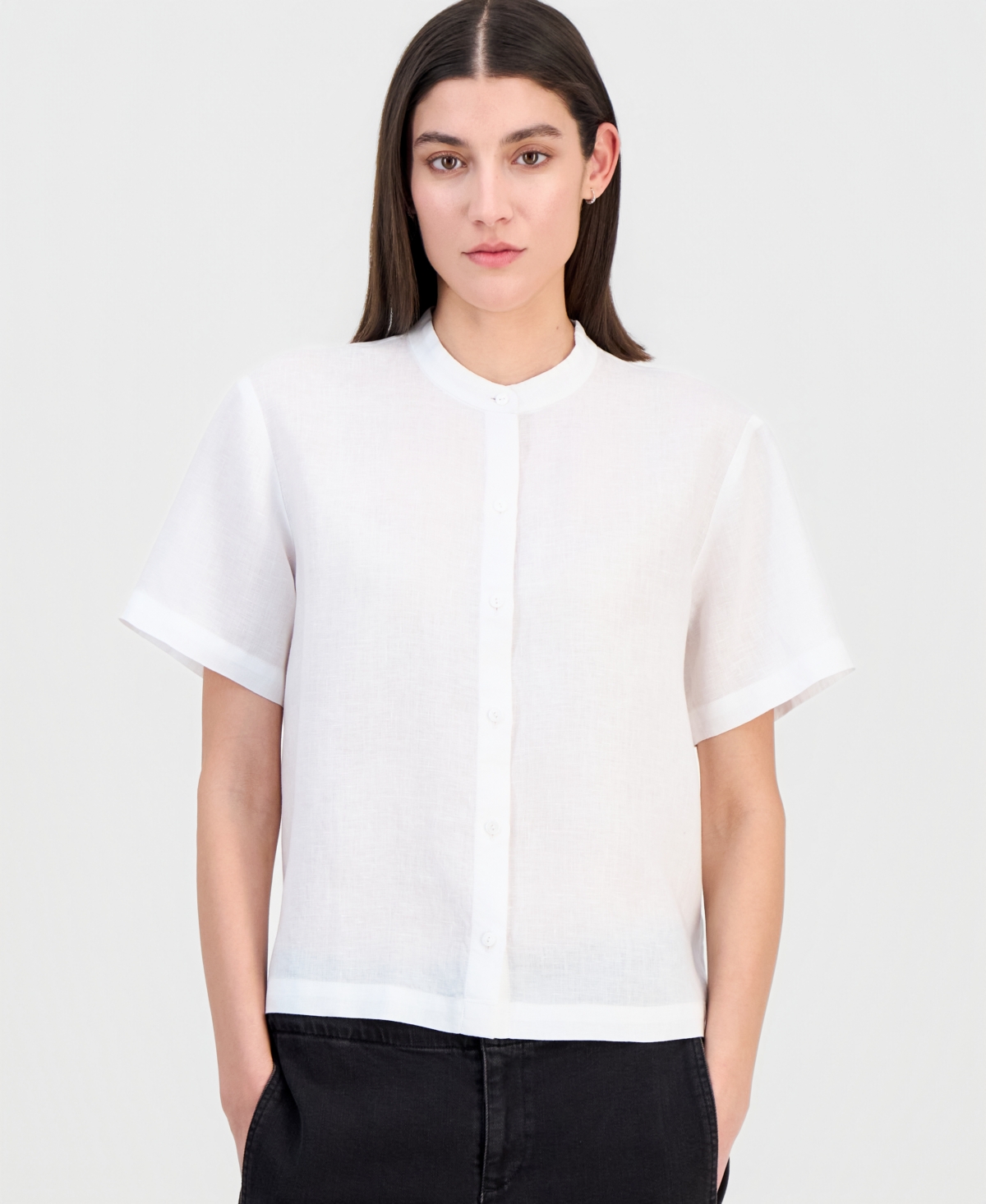 Click here for Eileen Fisher Womens Linen Mandarin-Collar Shirt -... prices