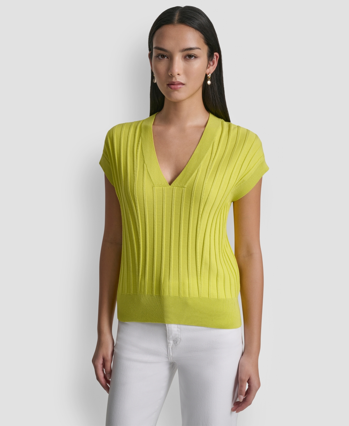 Click here for Dkny Womens Ribbed Short-Sleeve Sweater - Limeade prices