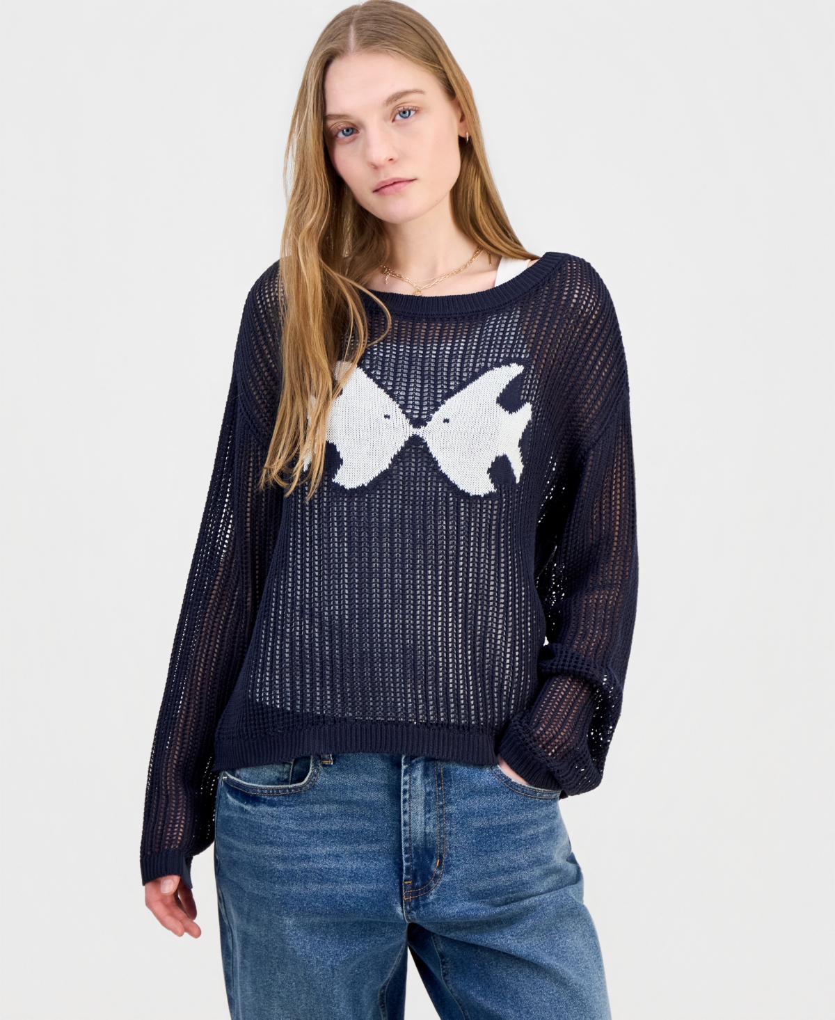 Click here for Ultra Flirt Juniors Icon Open-Knit Sweater - Navy... prices