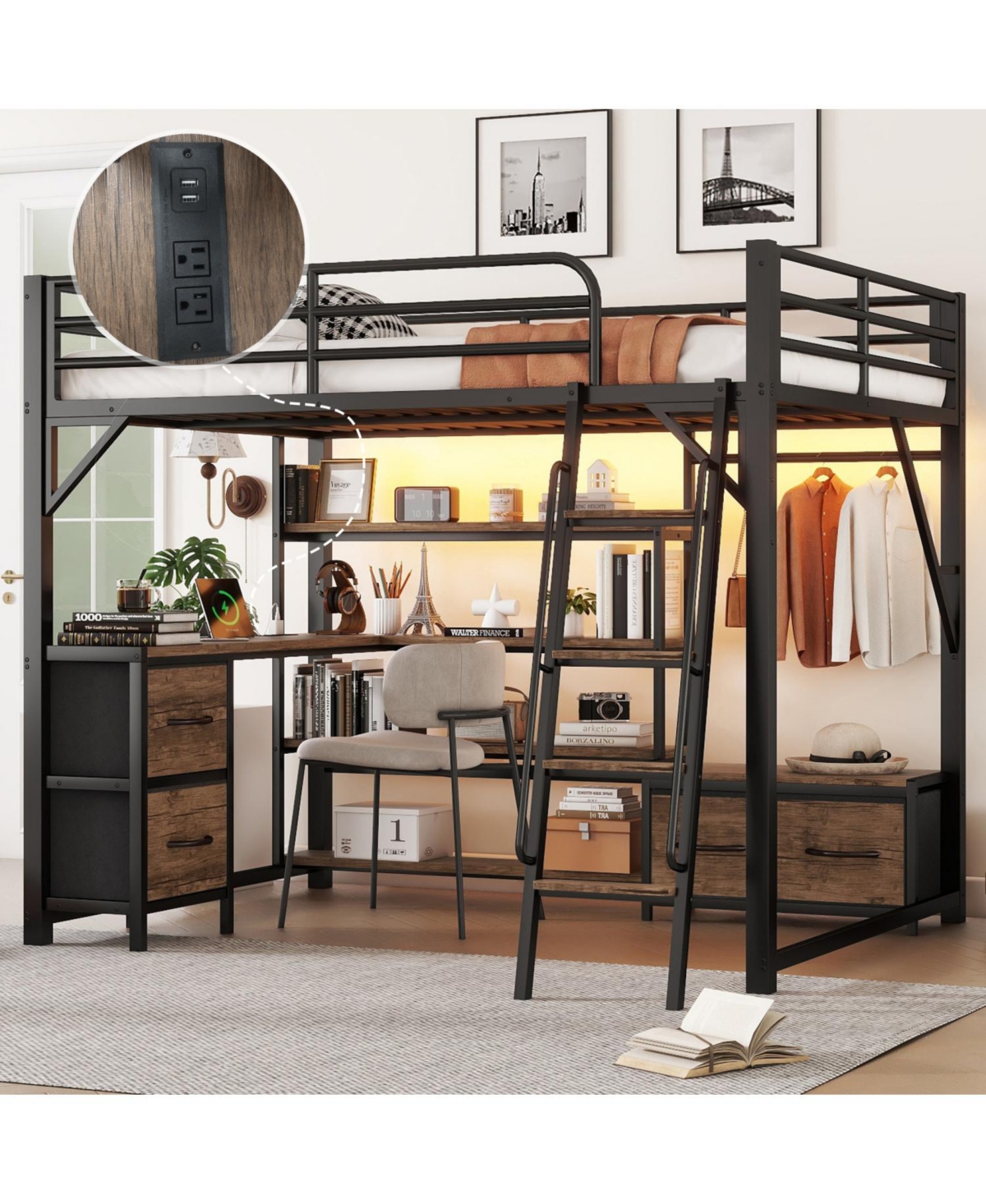 Click here for Streamdale Furniture Queen Loft Bed with Desk  Led... prices