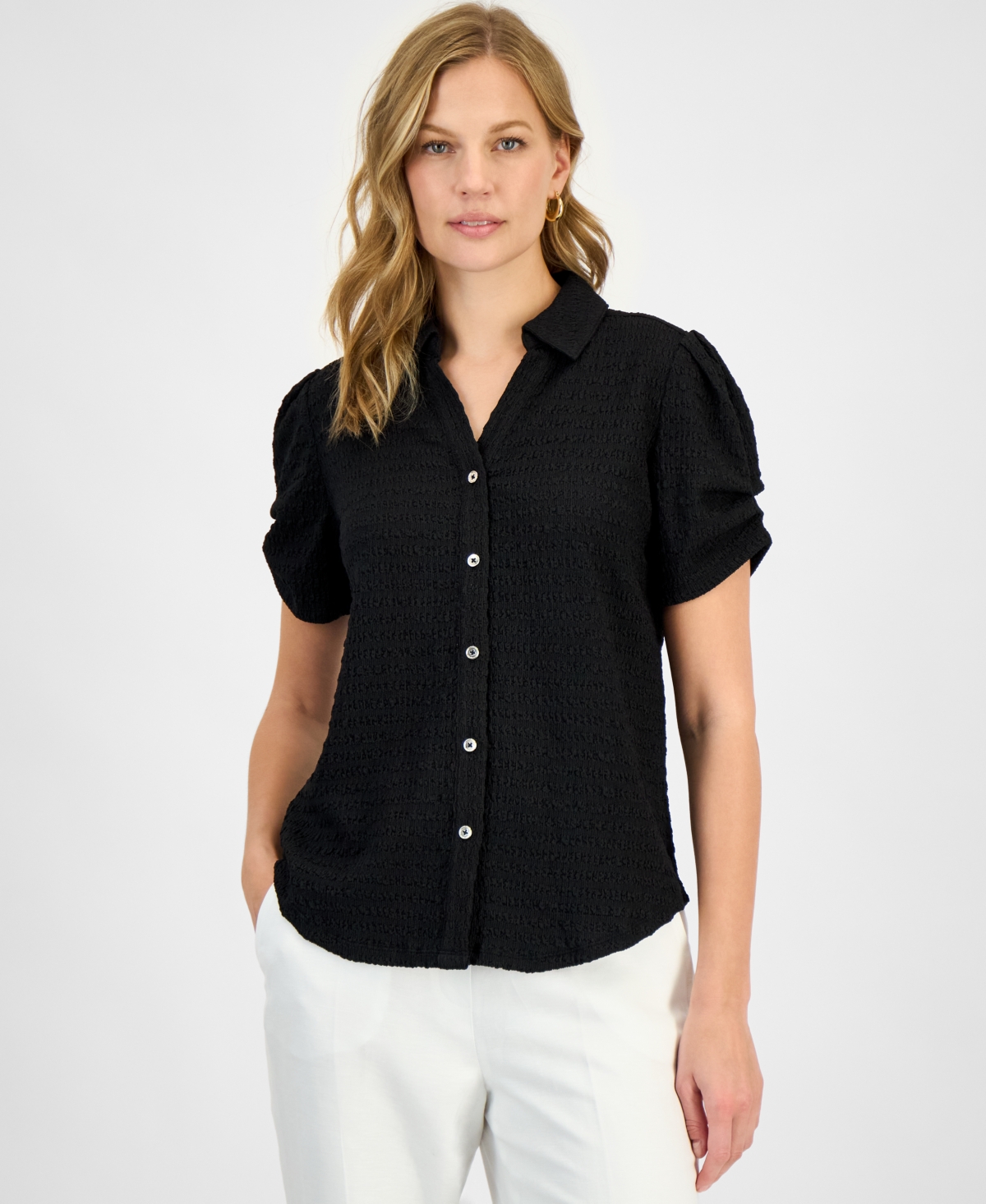 Click here for Kasper Womens Textured Collared Button-Front Blous... prices