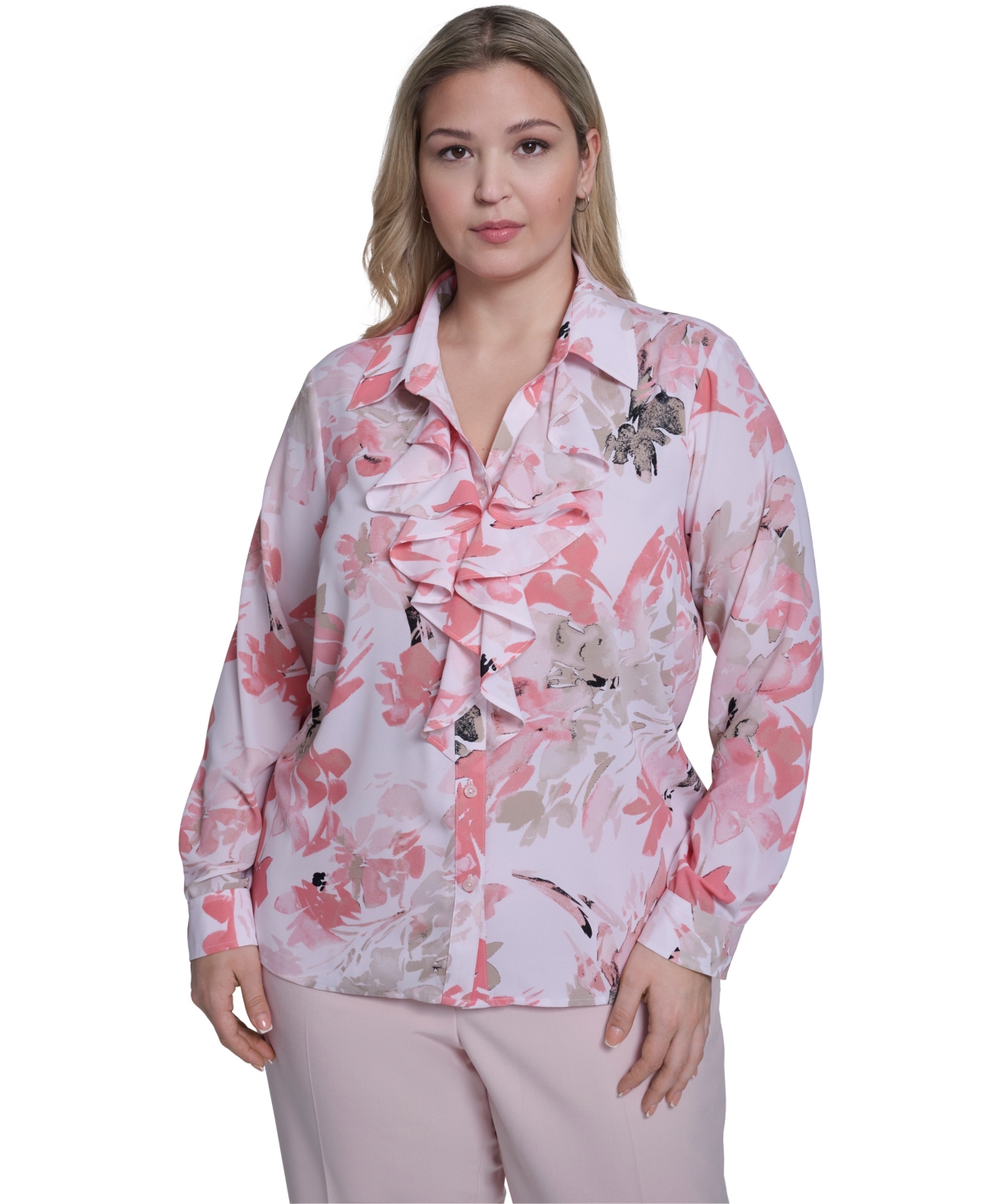 Click here for Calvin Klein Plus Size Printed Long-Sleeve Ruffle-... prices
