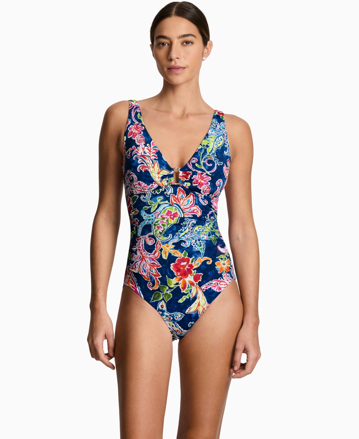 Lauren Ralph Lauren Ring Over The Shoulder Tummy Control One Piece Swimsuit - Coastal Paisley