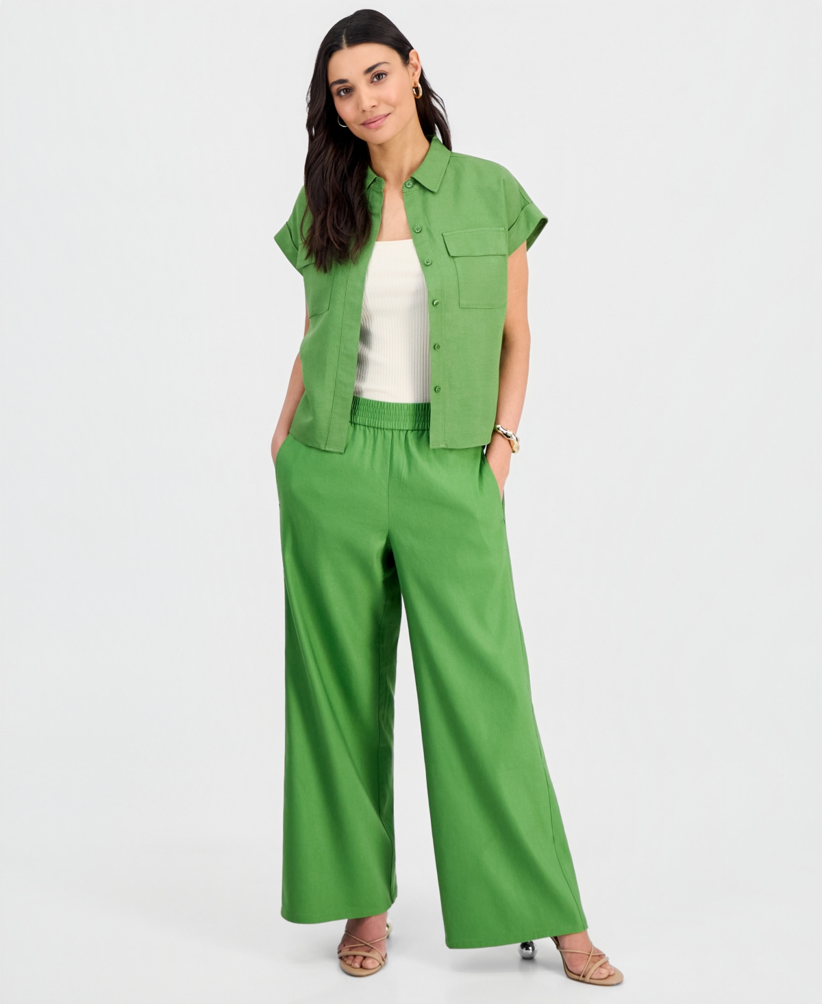 I.n.c. International Concepts Petite Linen-Blend High-Rise Wide-Leg Pants  Exclusively at Macys - Fresh Basil