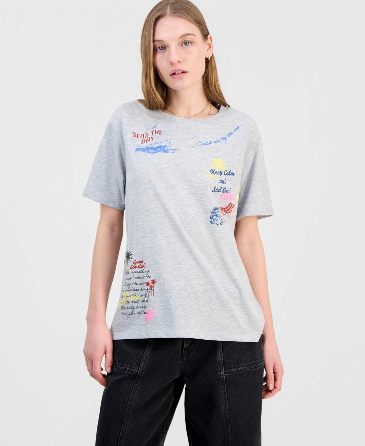 Click here for Love Tribe Juniors Coastal Hit Crewneck Graphic T-... prices