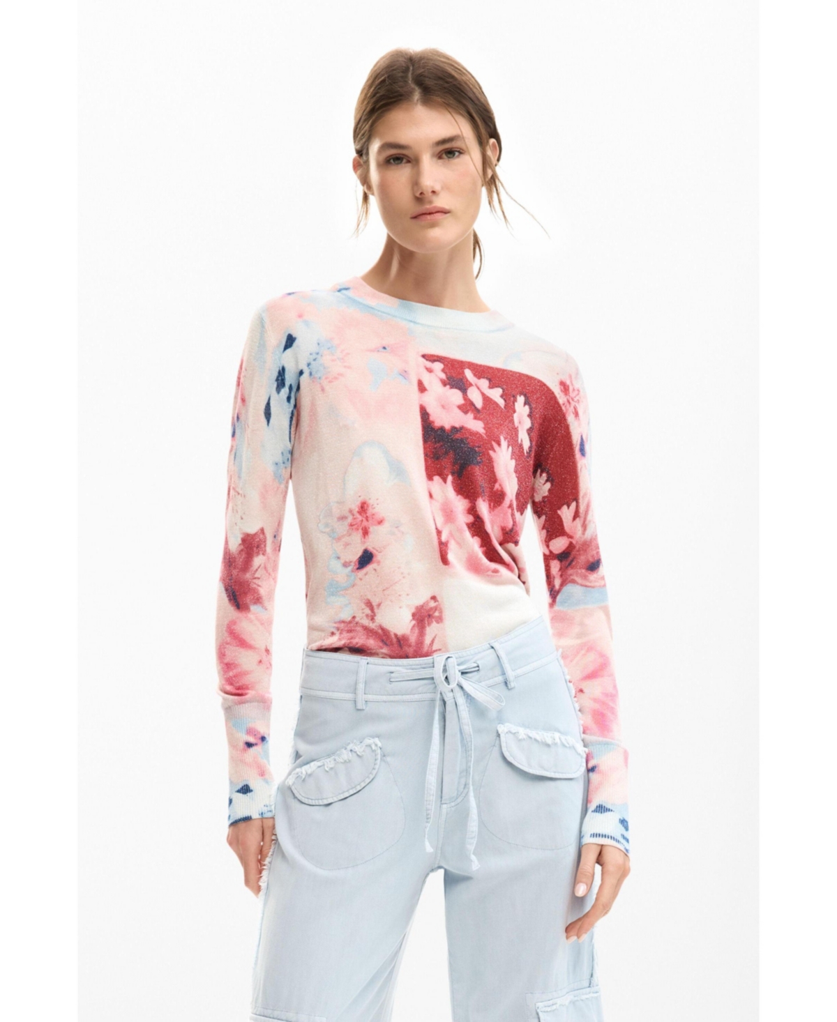 Click here for Desigual Womens Fine knit collage sweater - Pink prices