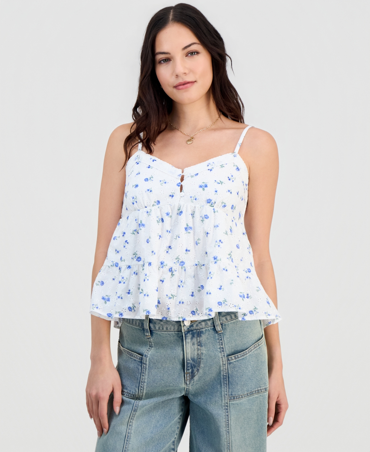 Click here for Madden Girl Juniors Printed Eyelet Babydoll Top -... prices