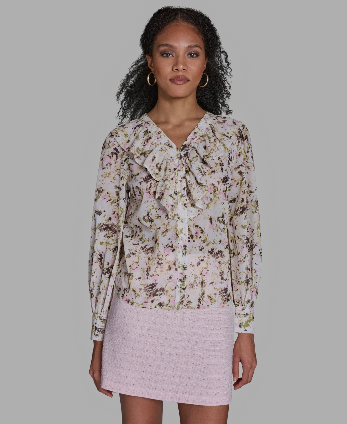 Click here for Bcbg Womens Printed Ruffle Front V-Neck Long-Sleev... prices