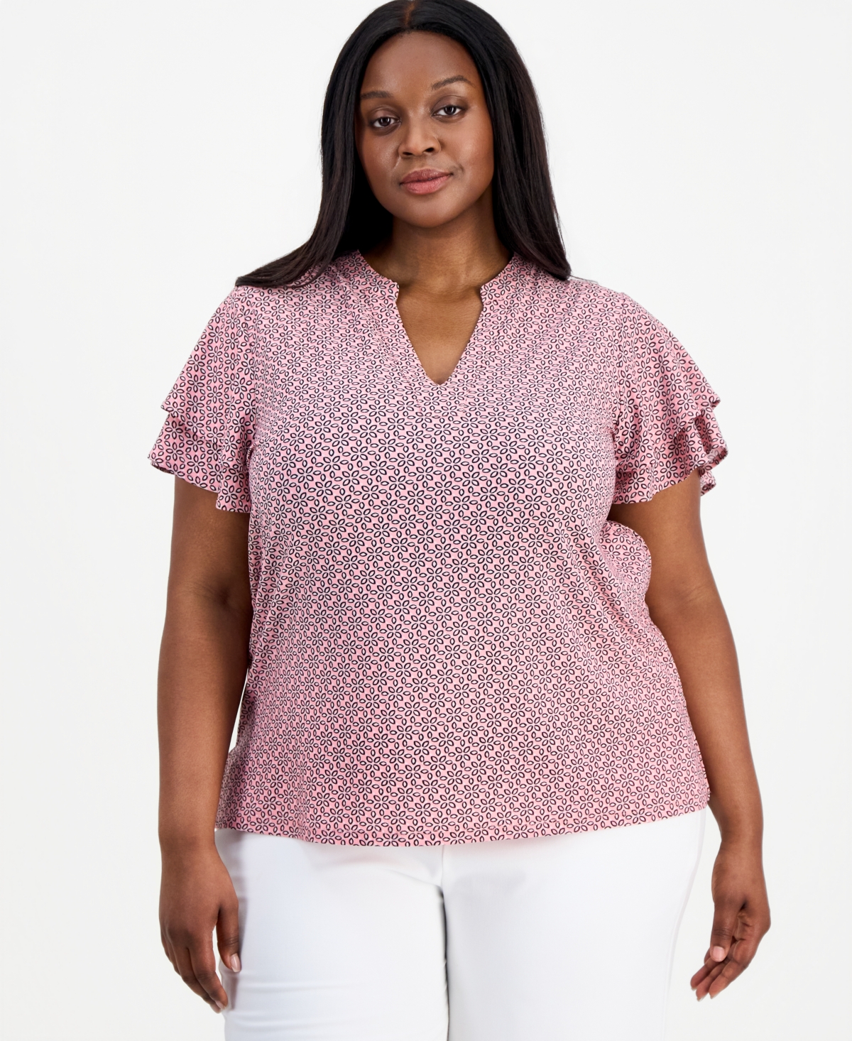 Click here for Jones New York Plus Size Printed Band-Collar Flutt... prices