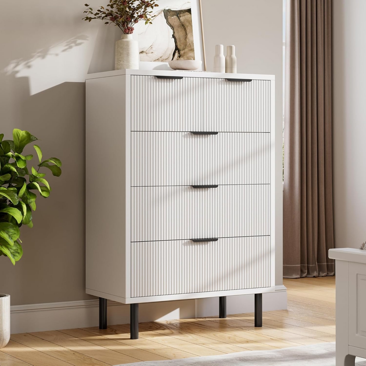 Click here for Gaomon Wave Fluted 5-Drawer Tall Wood Dresser with... prices