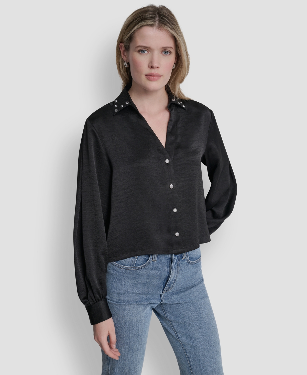 Click here for Dkny Womens Studded Collar Y-Neck Shirt - Black prices