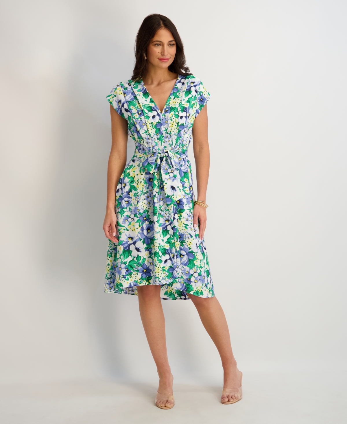 Click here for kensie Womens Printed V-Neck Smocked-Back A-Line D... prices