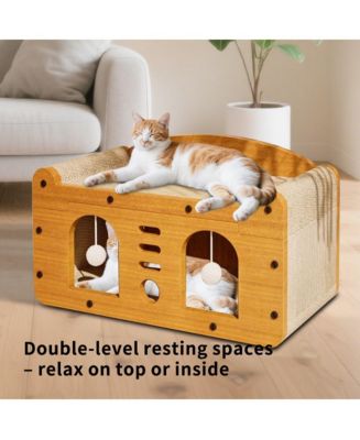 AOSTIRMOTOR Elevated Wooden Cat Bed & Condo with Scratching Pad ...