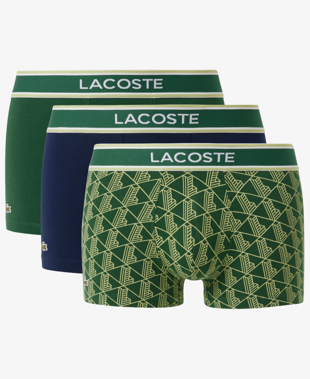 Click here for Lacoste Mens 3-Pack Monogram Trunks - Green/birch prices