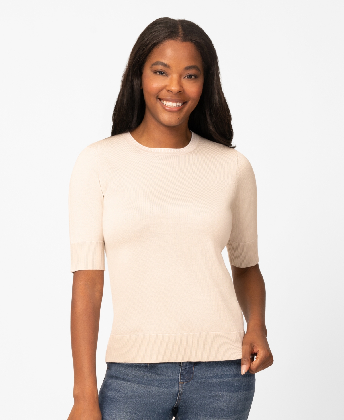 Click here for Melissa Paige Petite Whip Stitch Elbow-Sleeve Crew... prices