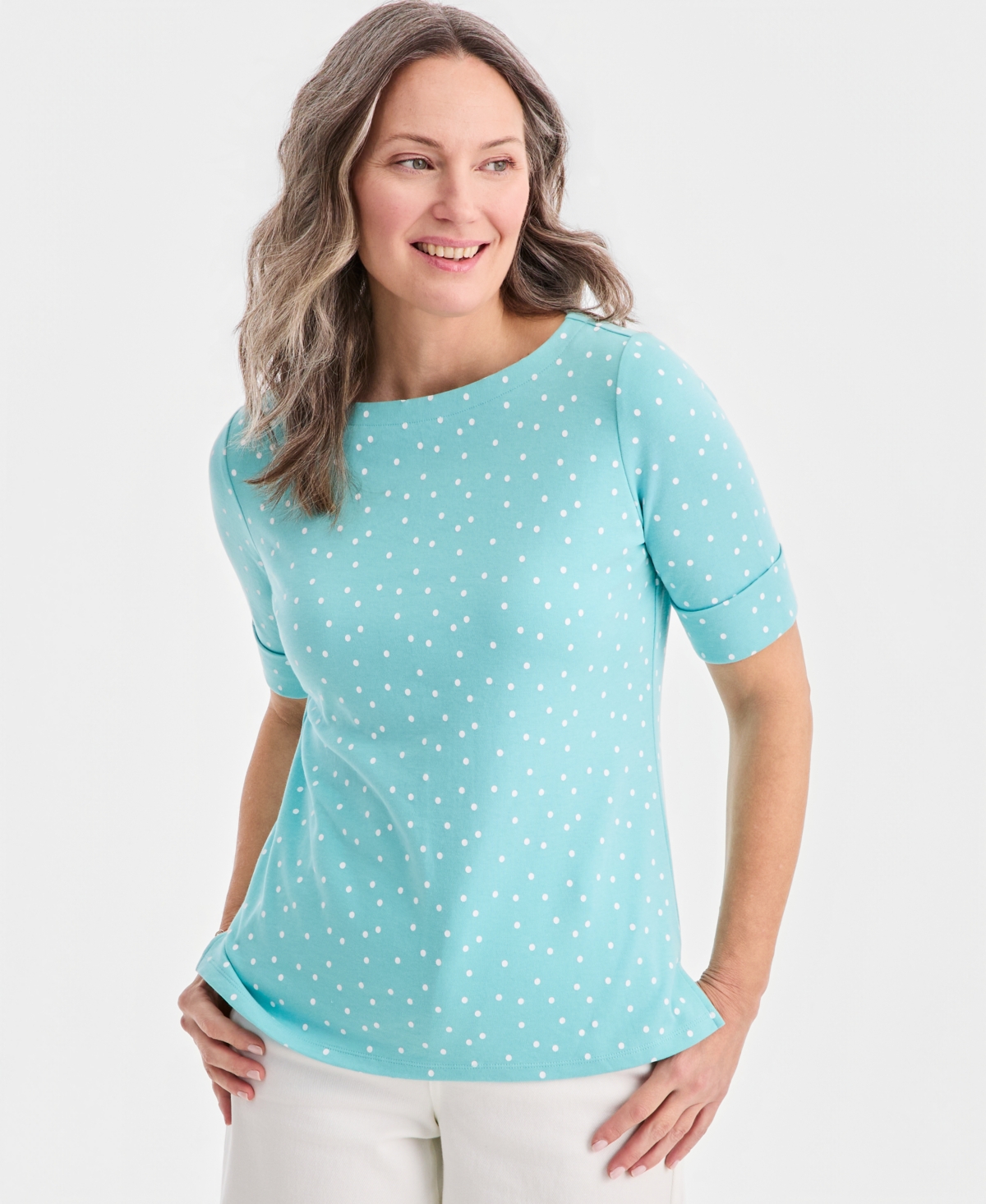 Click here for Style & Co Petite Elbow-Sleeve Boat Neck Knit Dot... prices
