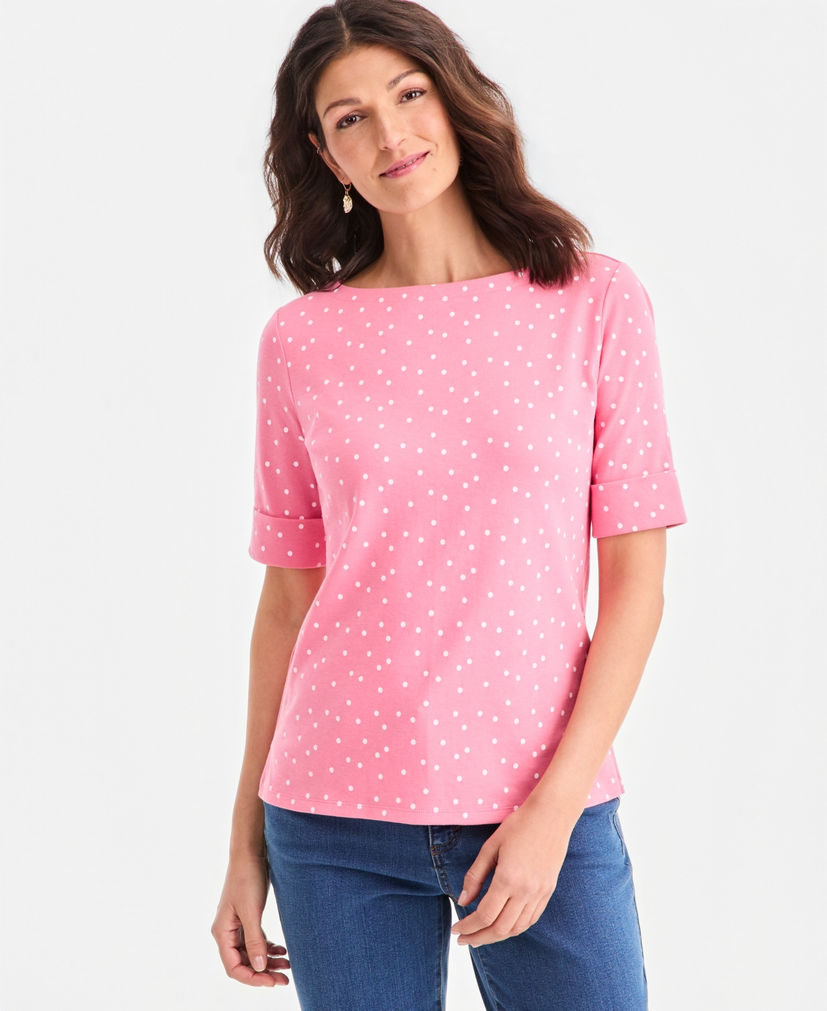Click here for Style & Co Petite Elbow-Sleeve Boat Neck Knit Dot... prices