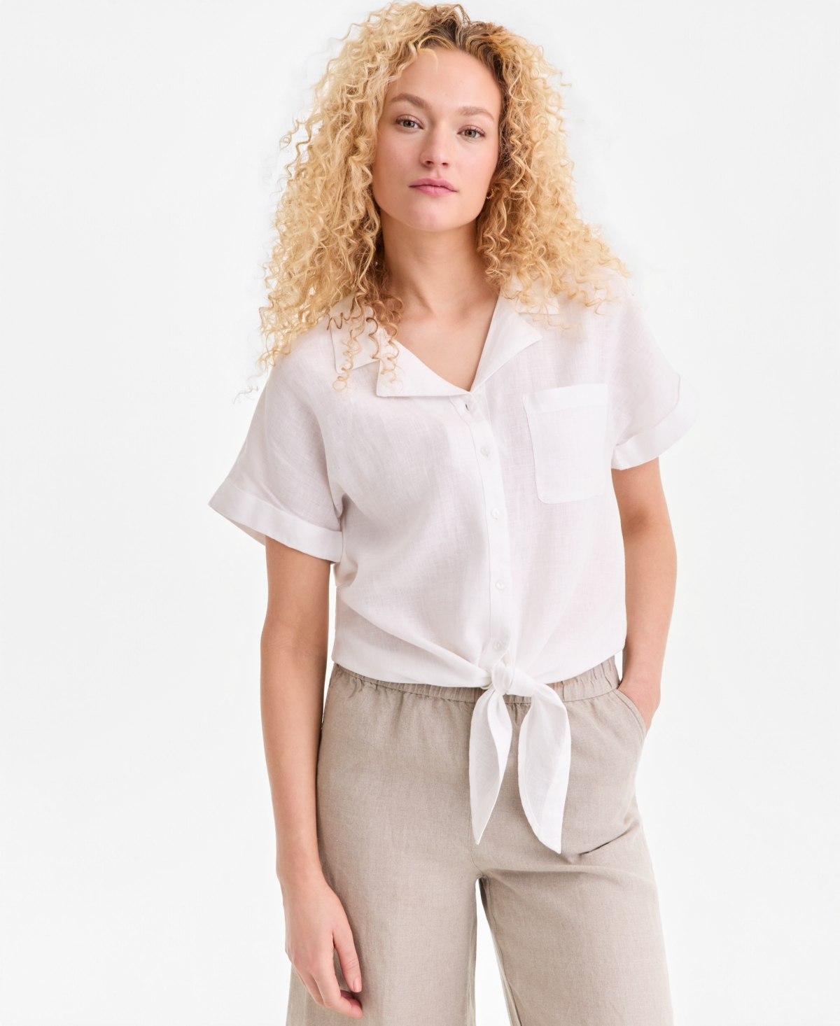 Click here for Charter Club Womens 100 Linen Tie-Front Shirt  Cre... prices