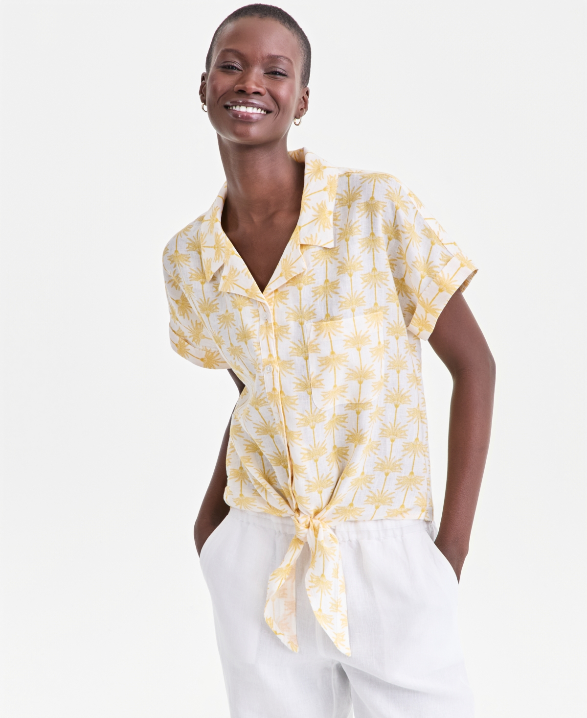 Click here for Charter Club Womens 100 Linen Tie-Front Shirt  Cre... prices