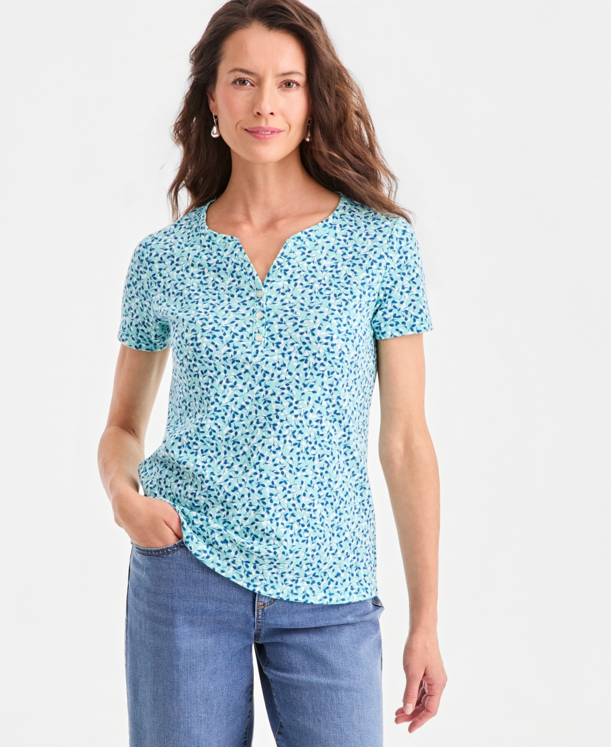 Click here for Style & Co Womens Printed Short-Sleeve Henley Top... prices