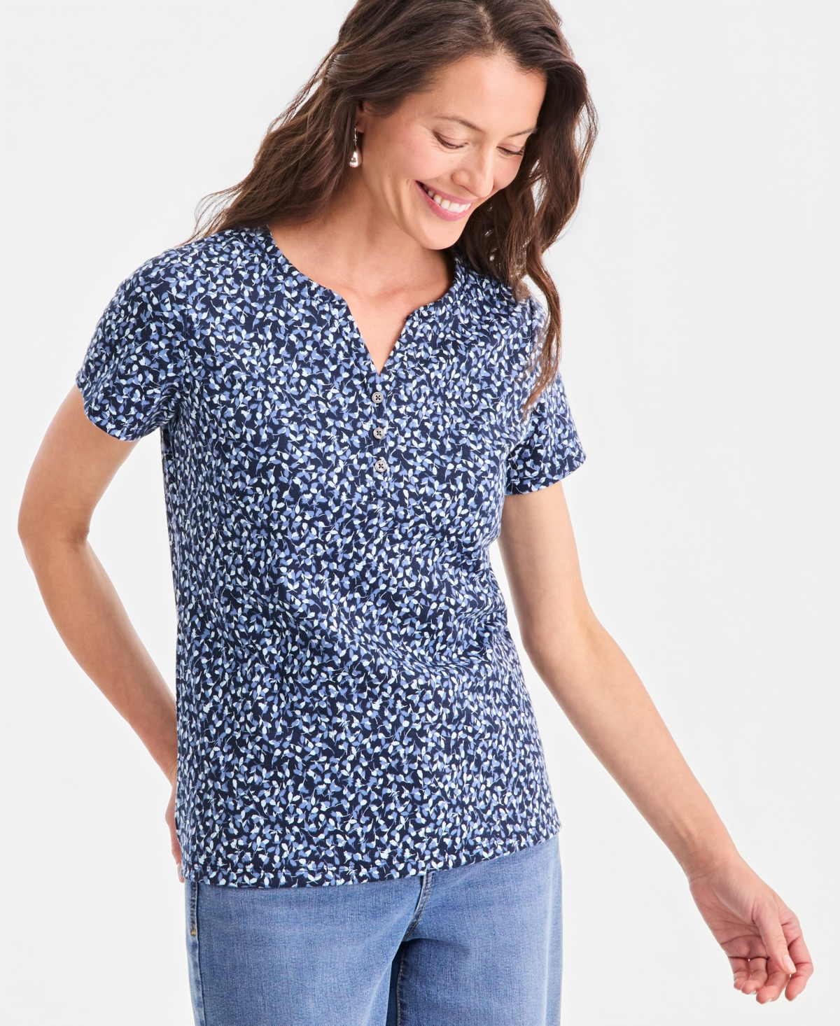 Click here for Style & Co Womens Printed Short-Sleeve Henley Top... prices