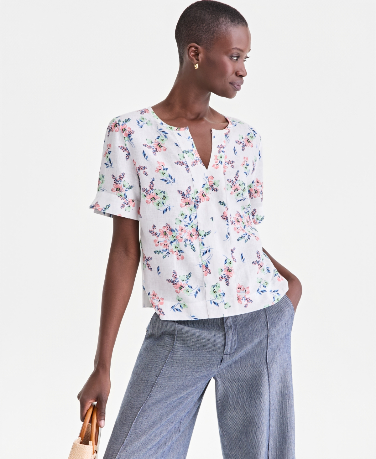 Charter Club Womens Split-Neck 100 Linen Top  Exclusively at Macys - Garden Floral