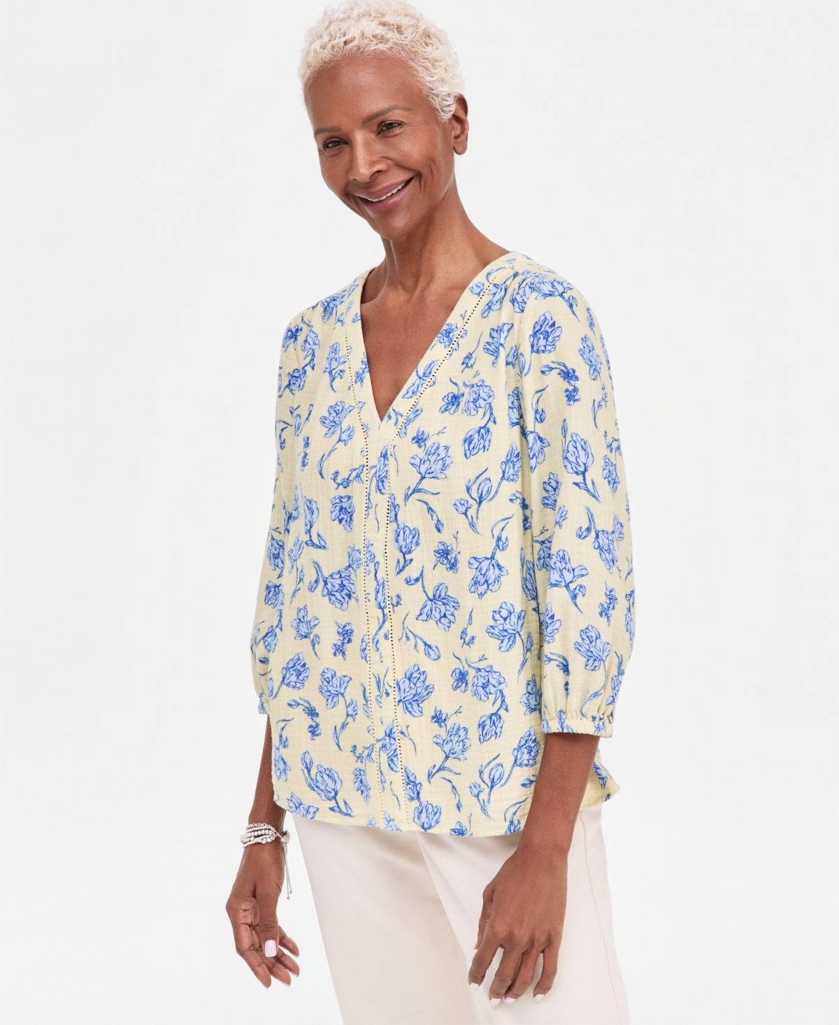 Click here for Style & Co Womens Cotton Gauze Printed V-neck Blou... prices