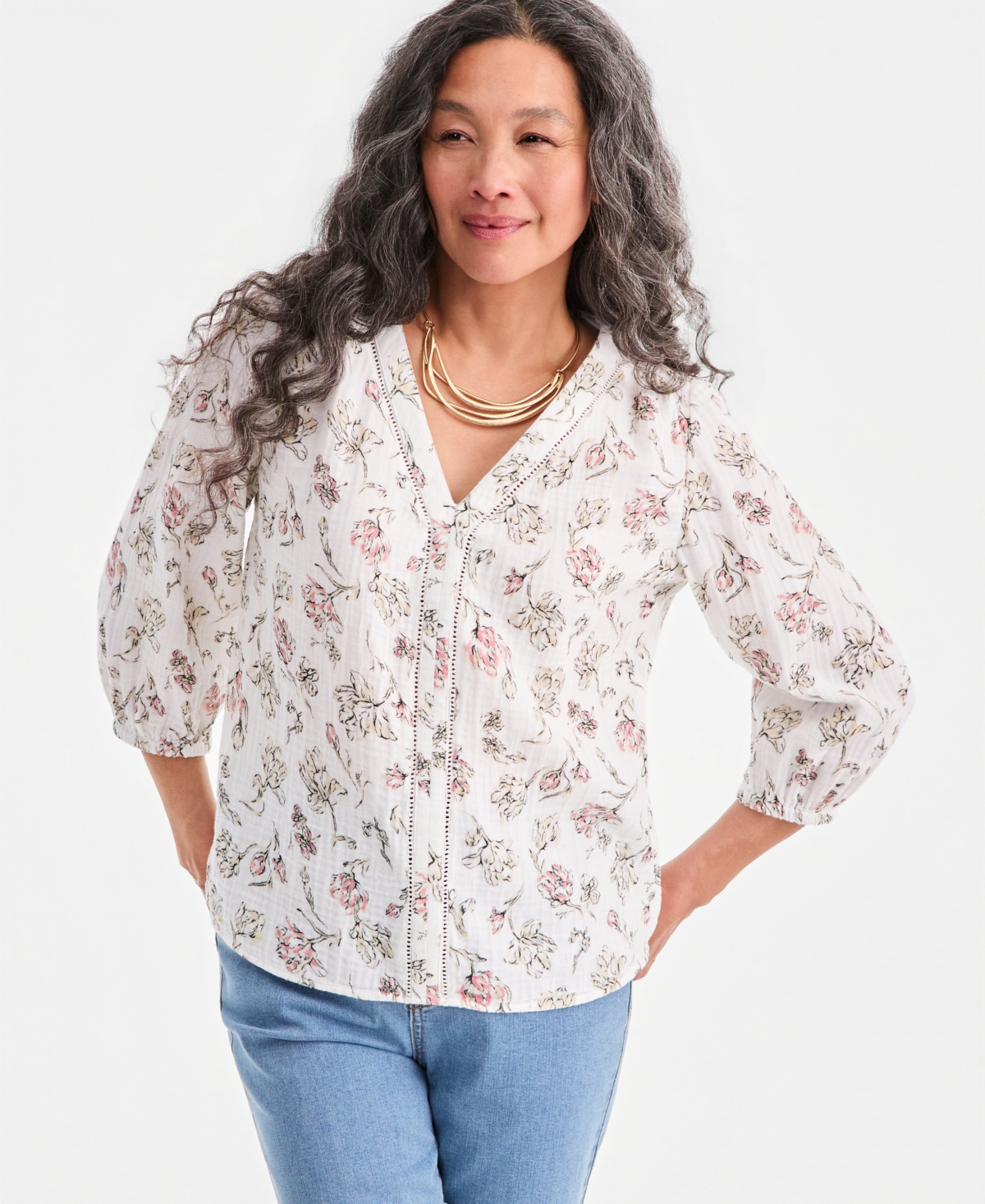 Click here for Style & Co Womens Cotton Gauze Printed V-neck Blou... prices