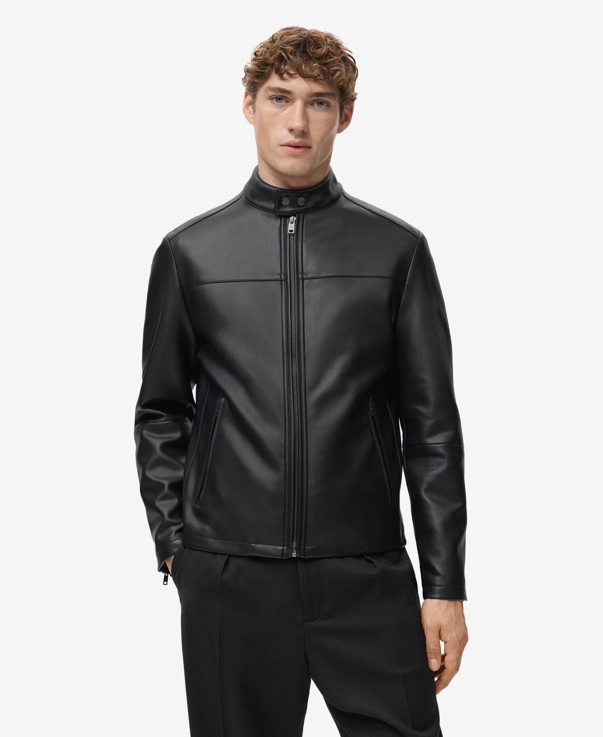 Click here for Mango Mens Zip-Up Faux-Leather Jacket - Black prices