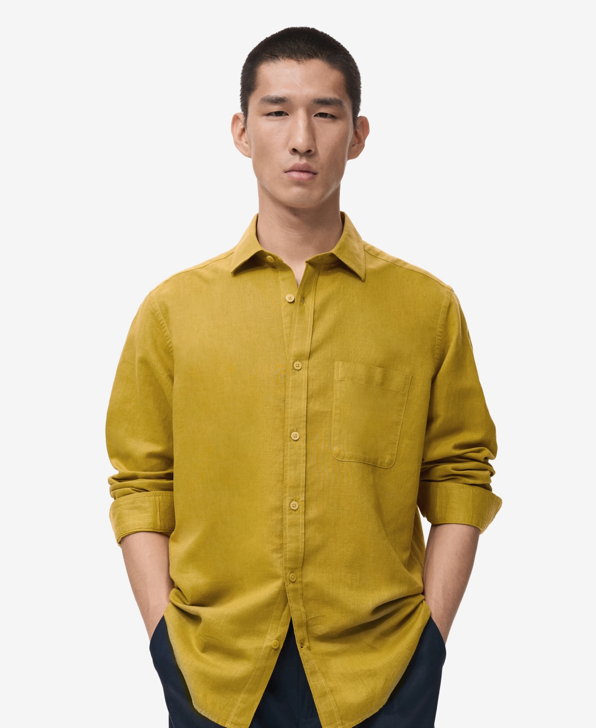 Click here for Mango Mens Pocket Linen Shirt - Curry prices