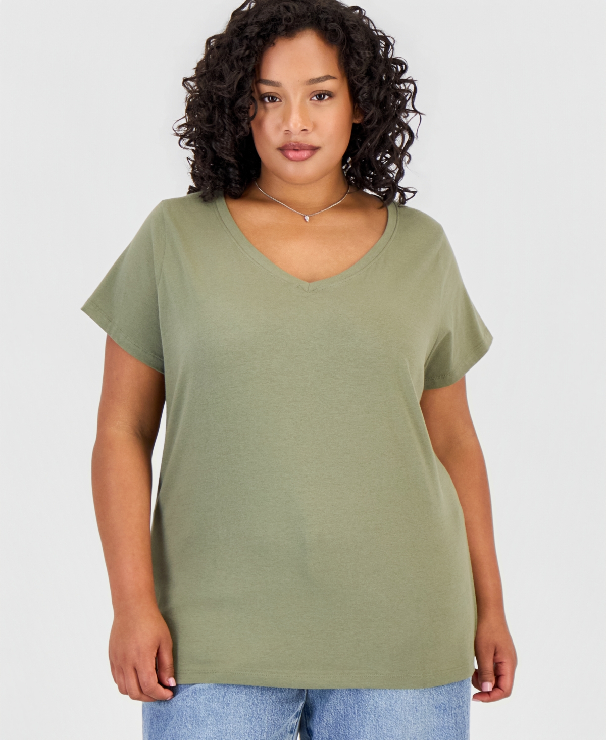 Click here for Trendy Plus Size Fitted V-Neck T-Shirt - Dark Oliv... prices