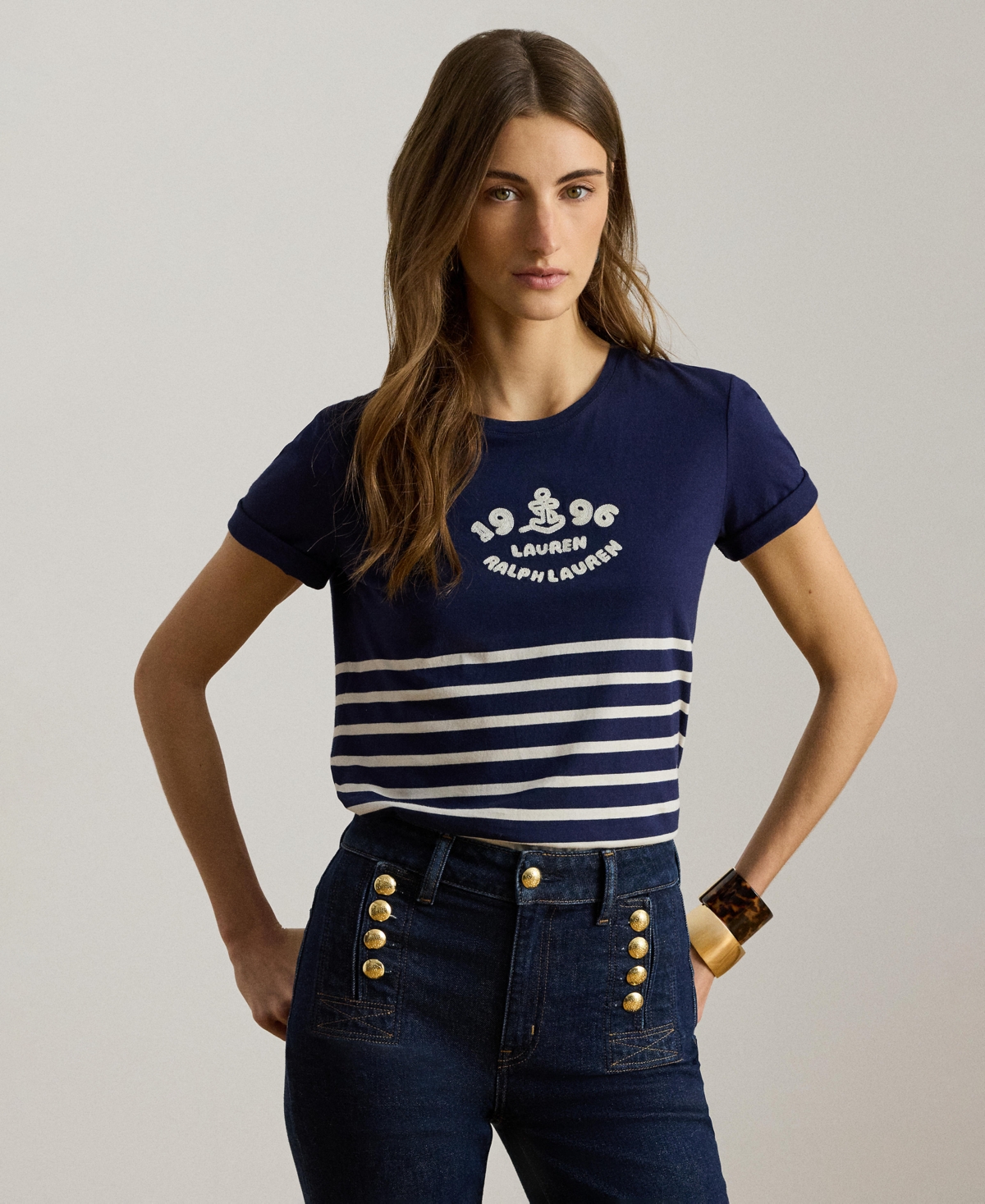 Click here for Lauren Ralph Lauren Womens Striped Embroidered Log... prices