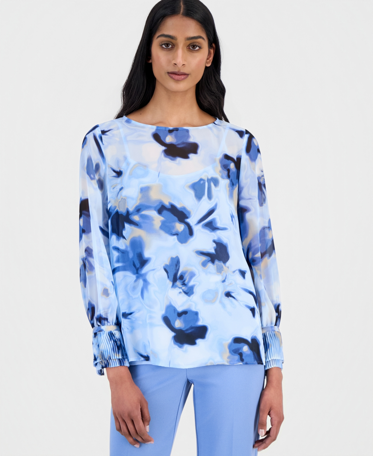 Click here for Anne Klein Womens Printed Pleated-Cuff Blouse - La... prices