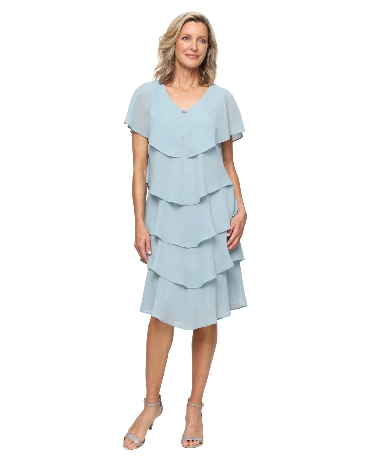 Click here for Sl Fashions Tiered Rhinestone Capelet Dress - Sage prices