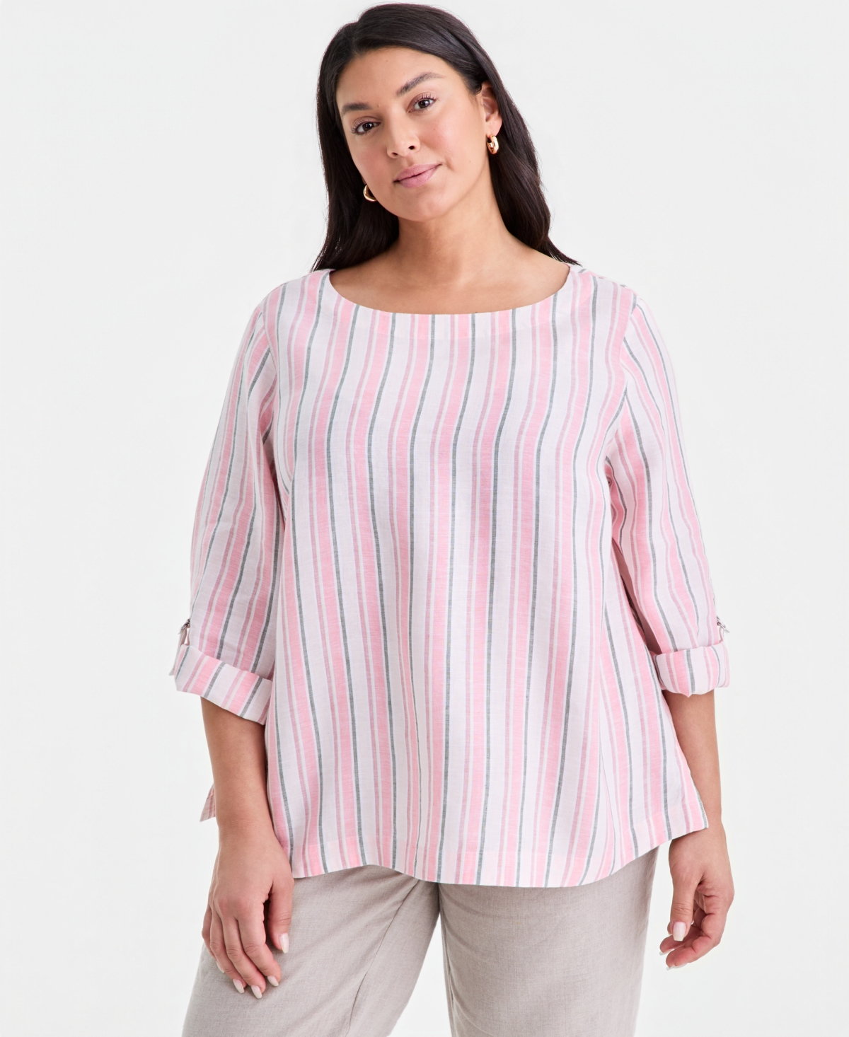 Click here for Charter Club Plus Size Linen Multi-Stripe Roll-Tab... prices