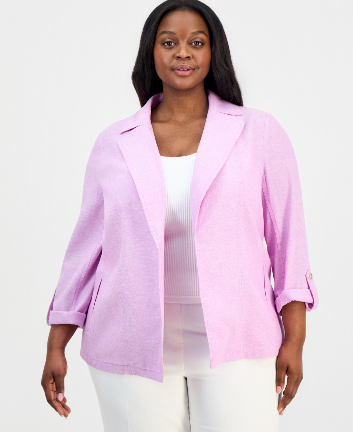 Click here for Kasper Plus Size Linen Open-Front Seamed Roll-Tab-... prices