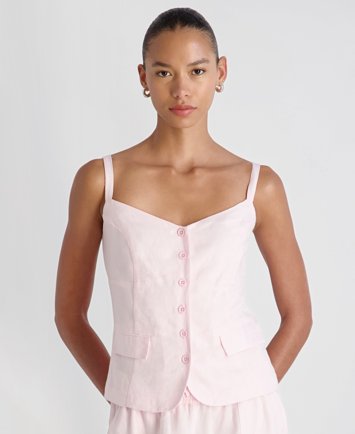 French Connection Womens Cooper Linen Tailored V-Neck Cami Top - 60-Pink Icing