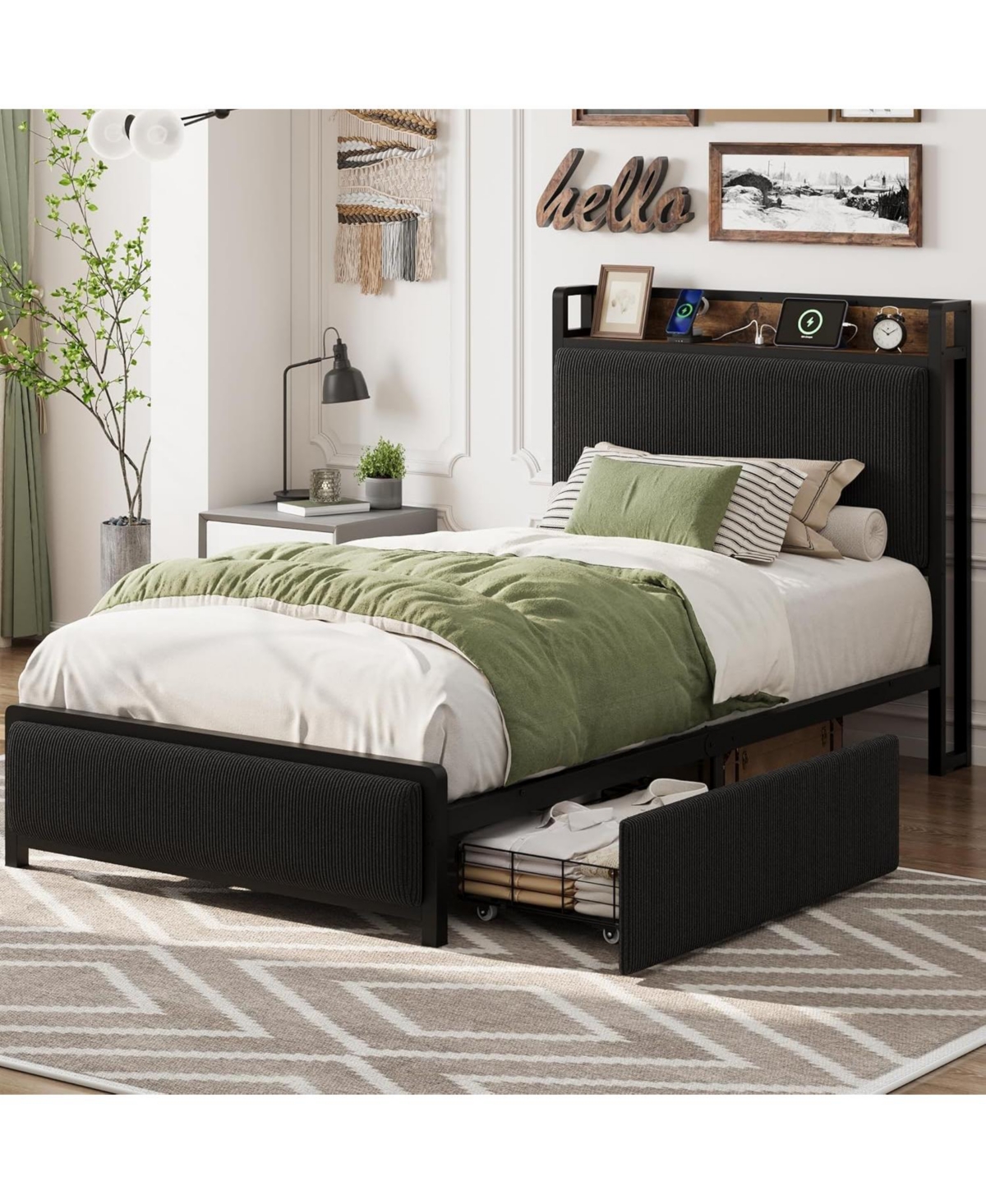 Click here for Twin Xl Size Bed Frame with Storage Headboard  Bla... prices