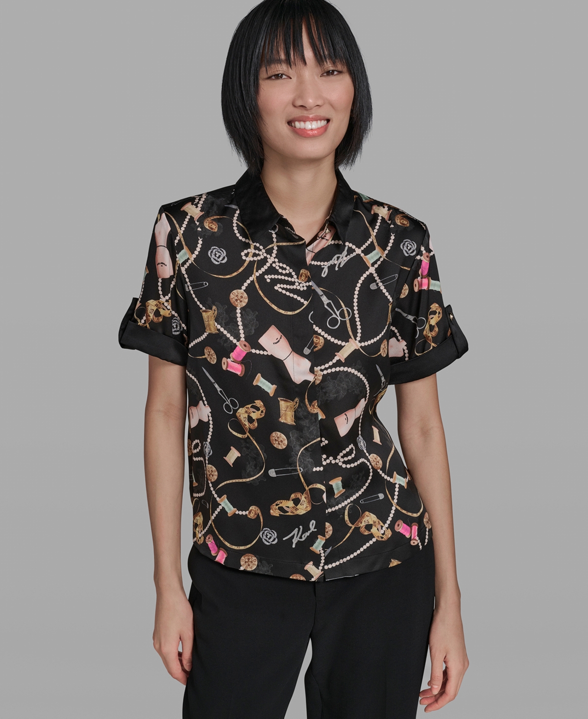 Click here for Karl Lagerfeld Paris Womens Printed Camp Collared... prices