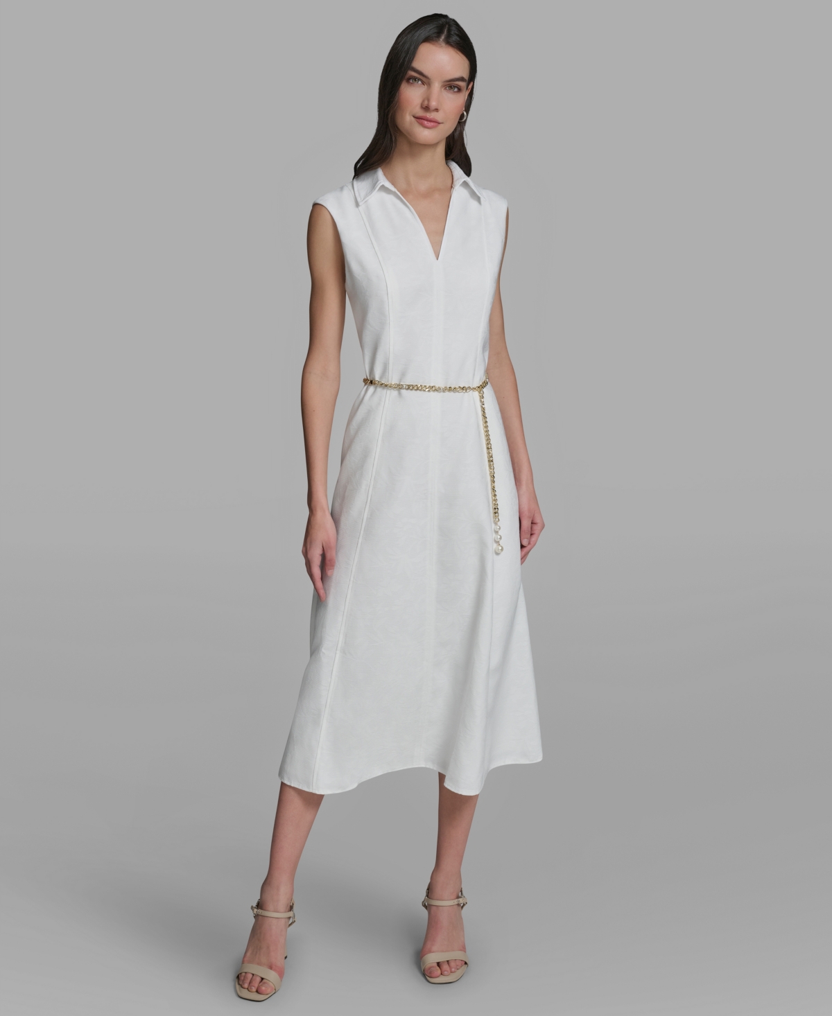 Karl Lagerfeld Paris Womens Collared Chain Belt Midi Dress - Soft White