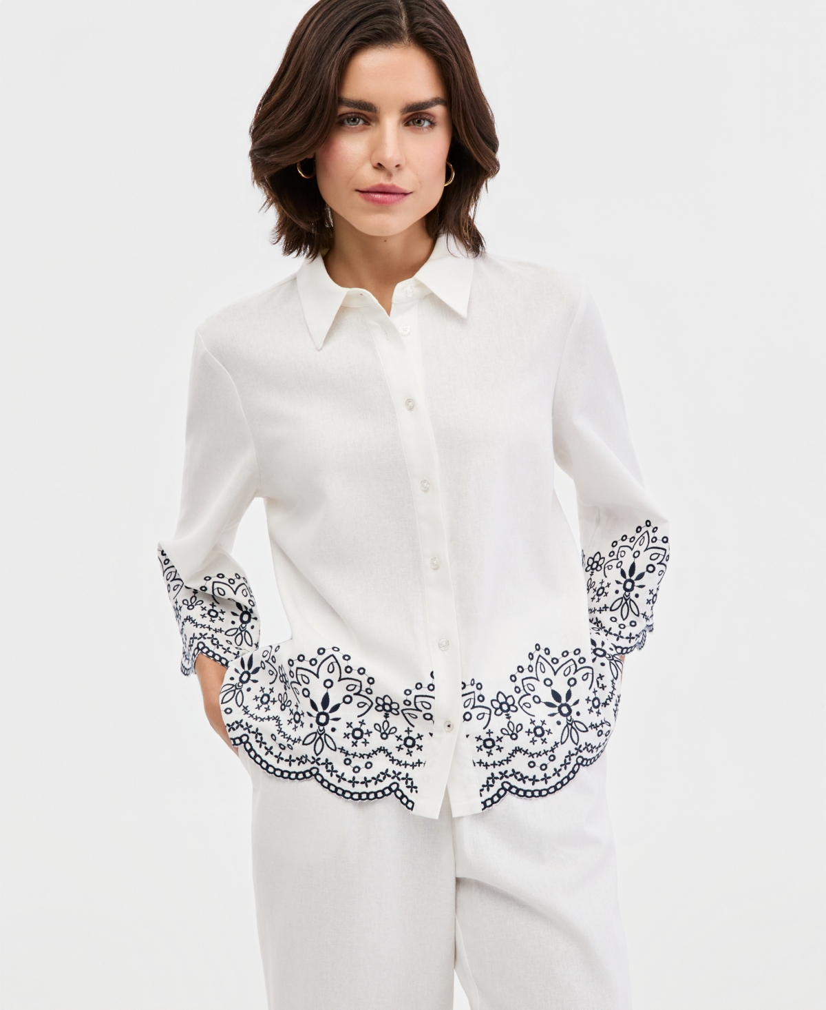 Click here for Jones New York Womens Embroidered Button-Front Shi... prices